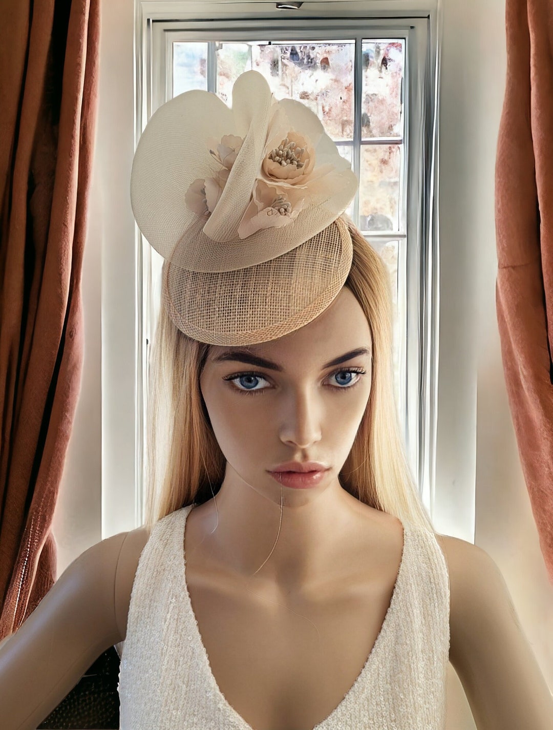 Beige Fascinator Percher Hat, With Bow and Net Veil, Small Hatinator ...