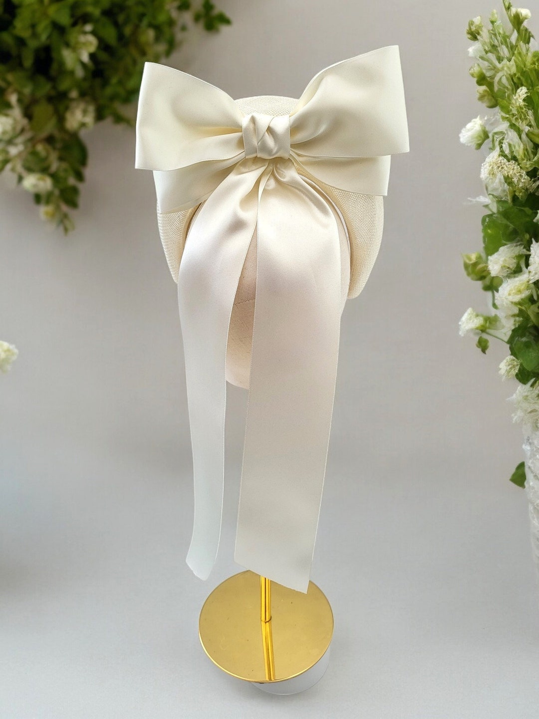 Ivory Satin Bow Headband Fascinator, on a Sinamay Halo Base, With Tails ...