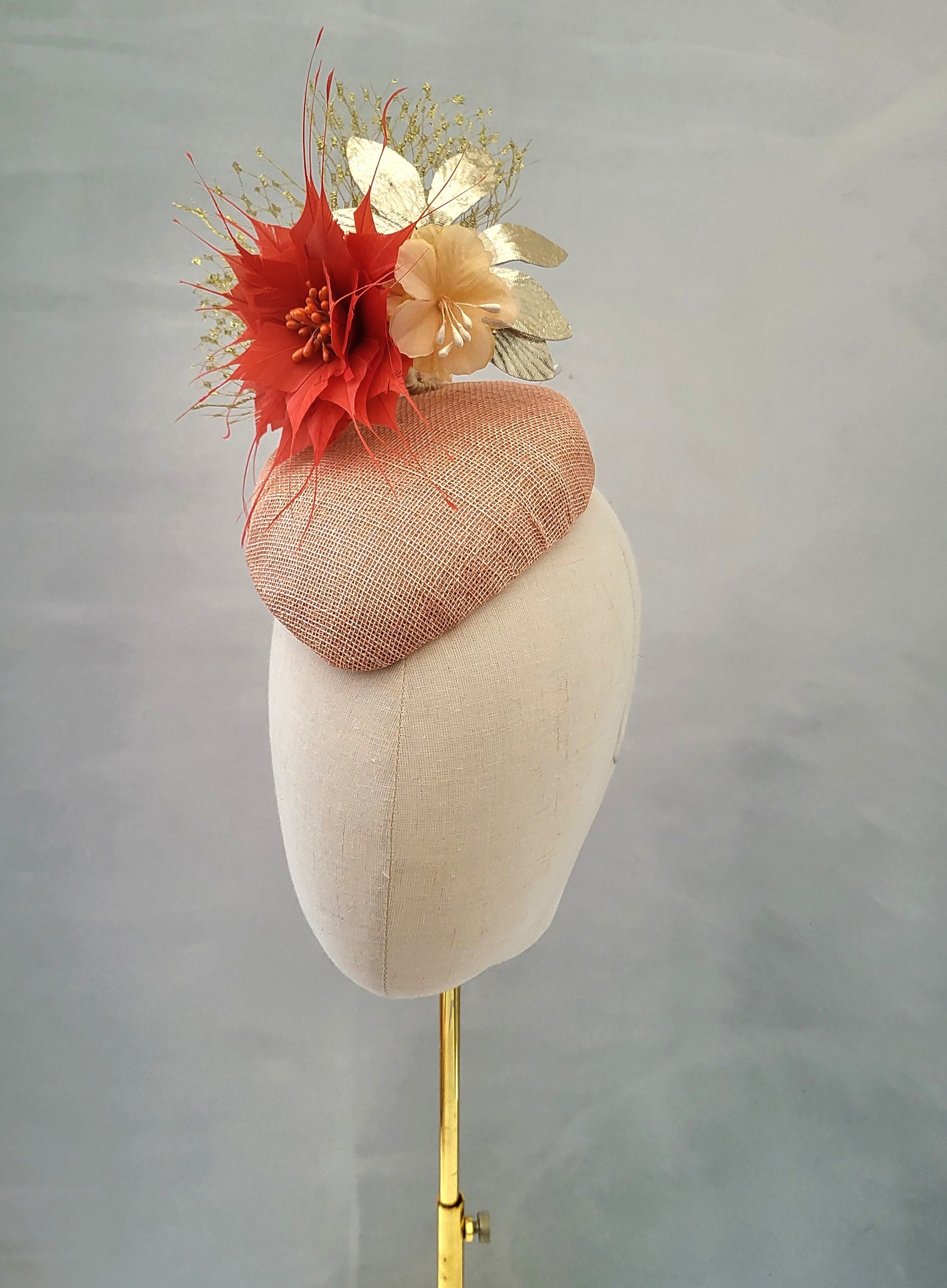 Peach Teardrop Percher Hat Fascinator, With Bow and Veiling, Races ...
