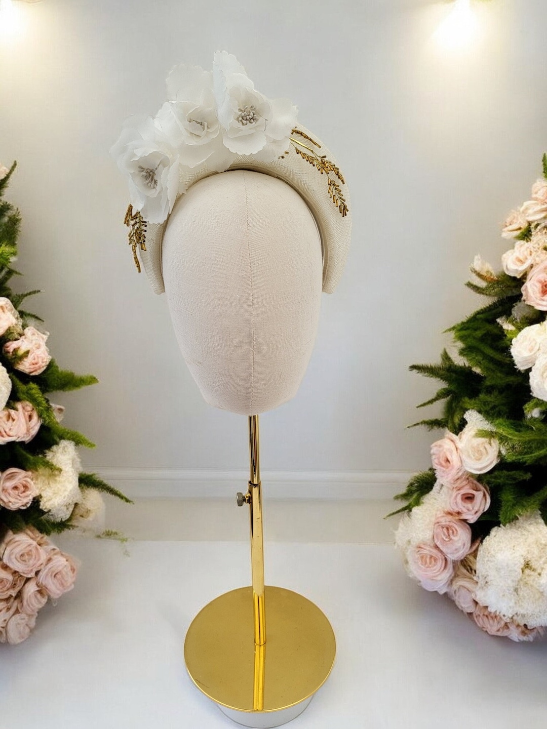 Ivory Halo Fascinator Headband, With Silk Organza Flower Vine and Gold ...