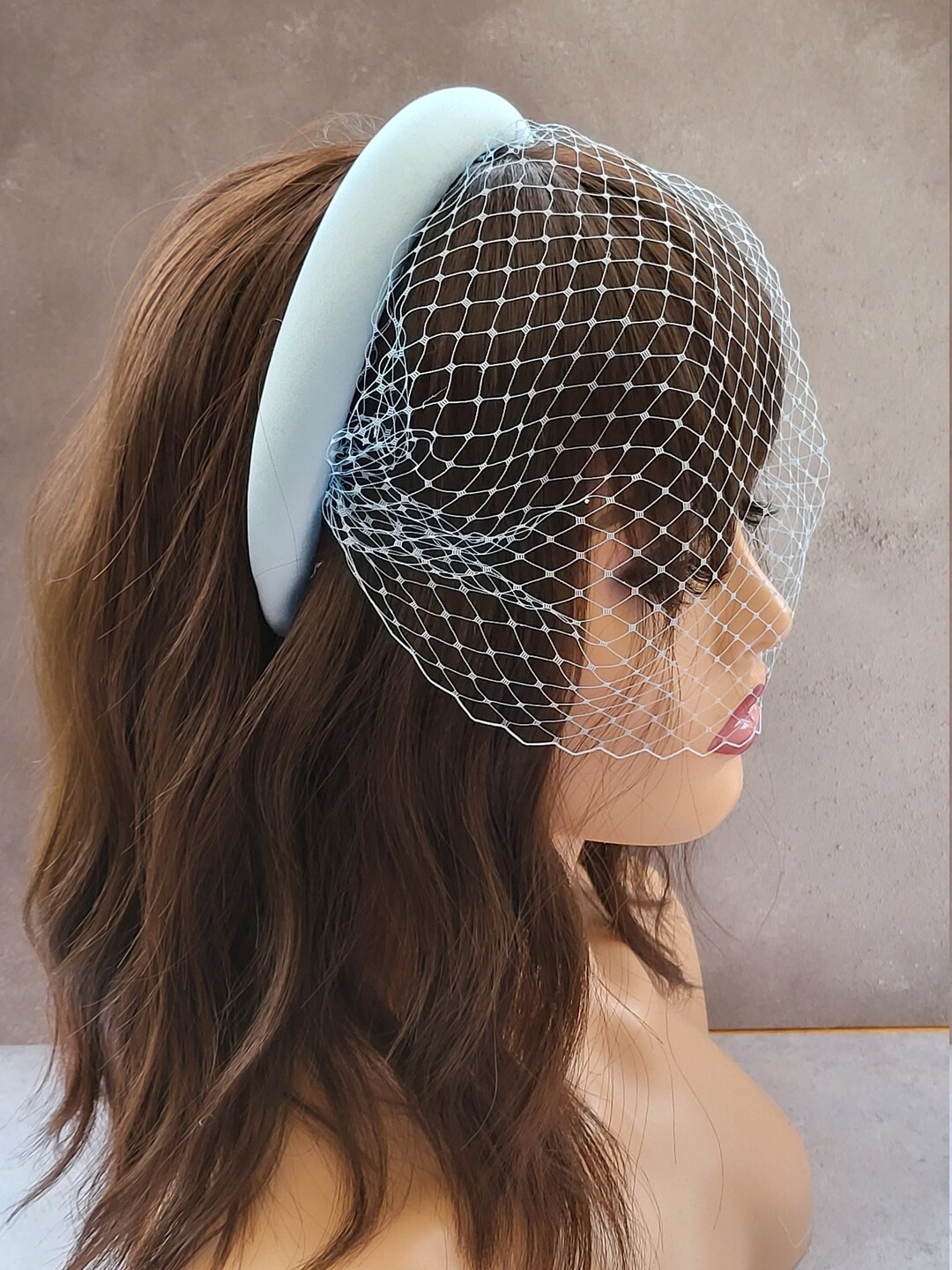 Powder Blue Silk Satin Headband Padded, With Blusher Veil, Bridal ...