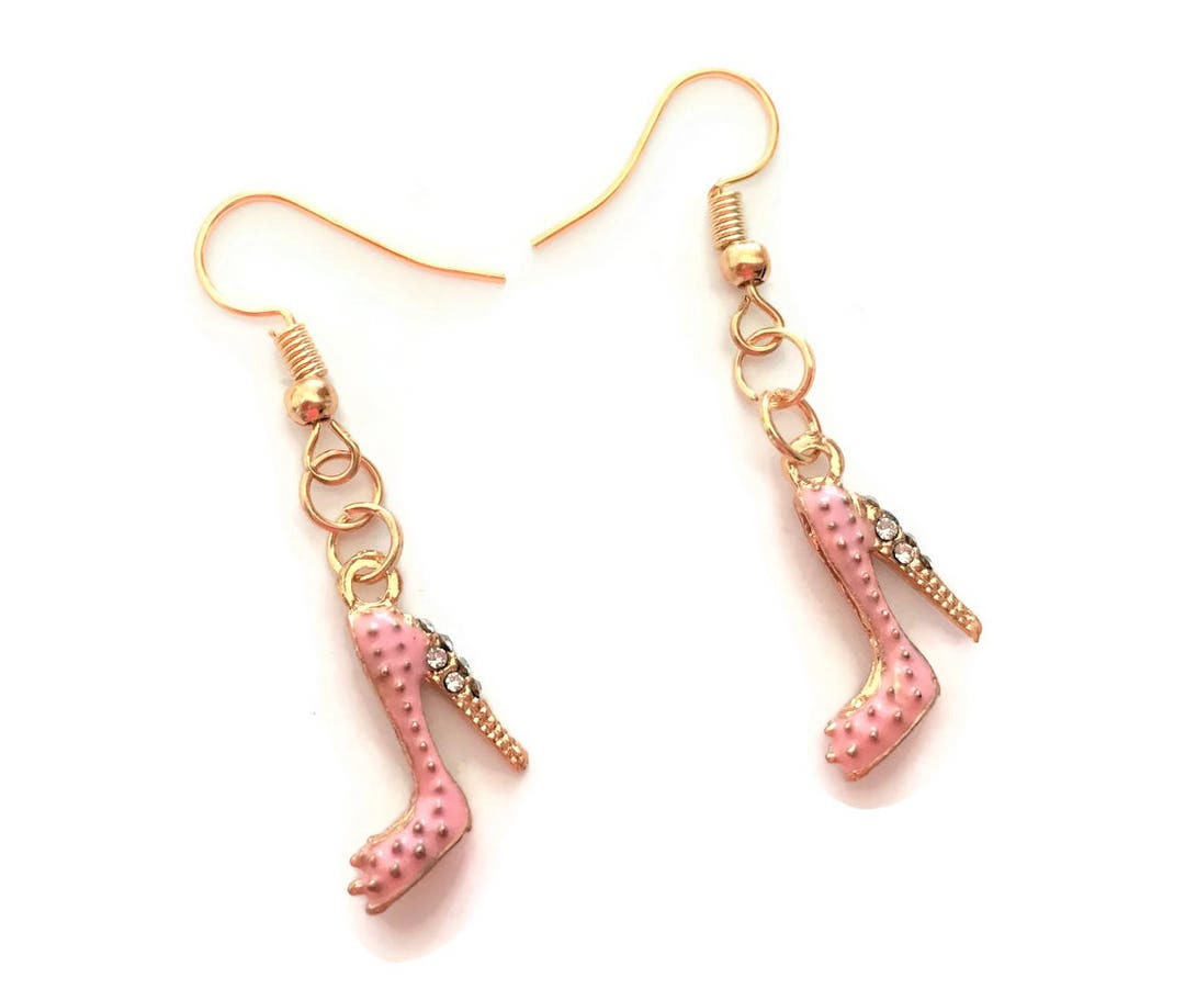 Pink Stiletto Shoe Dangle Earrings, Gold Tone Charms (clip-on Available ...