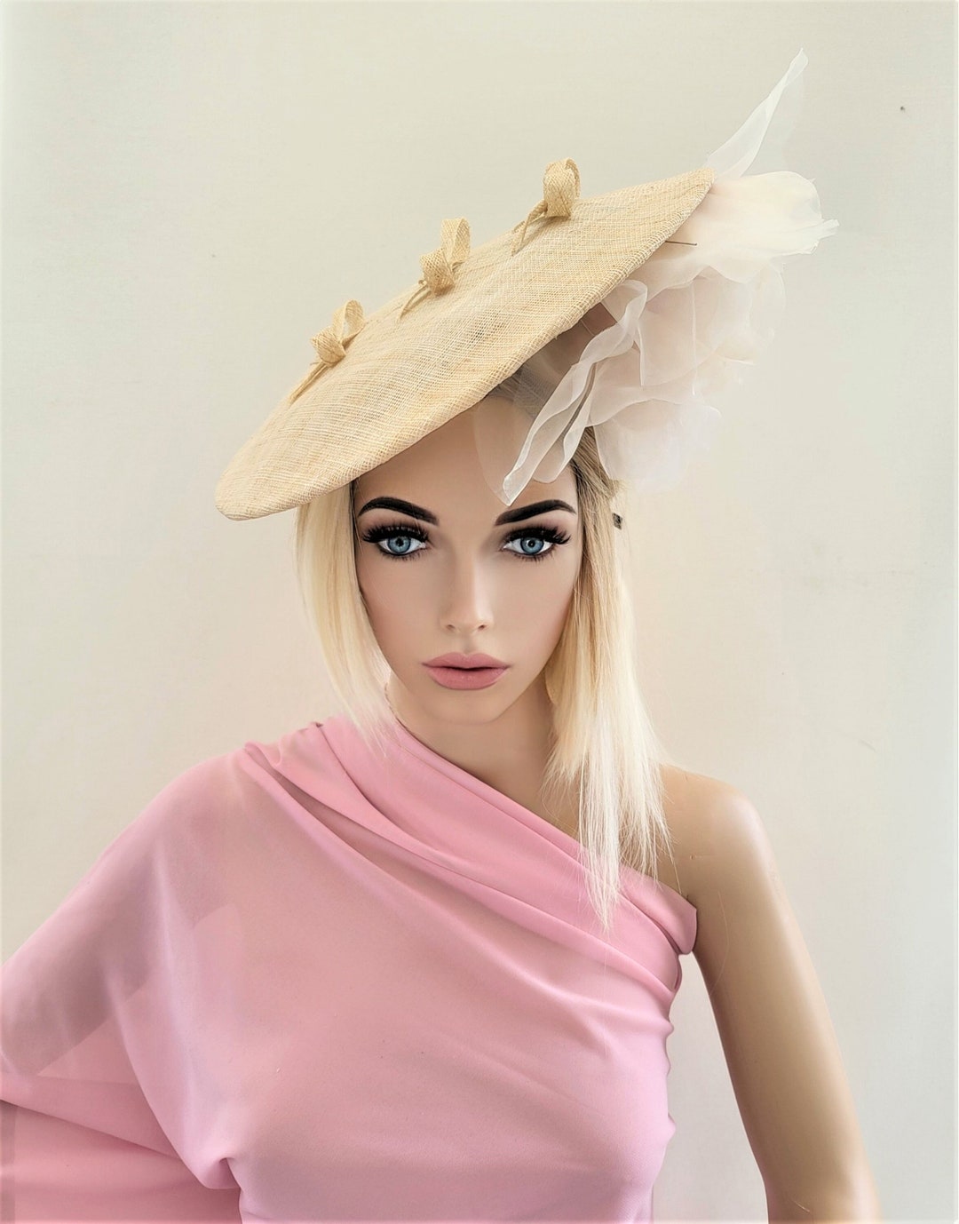 Blush Large Flower Fascinator, Percher Hat With Bows, Beige Saucer ...
