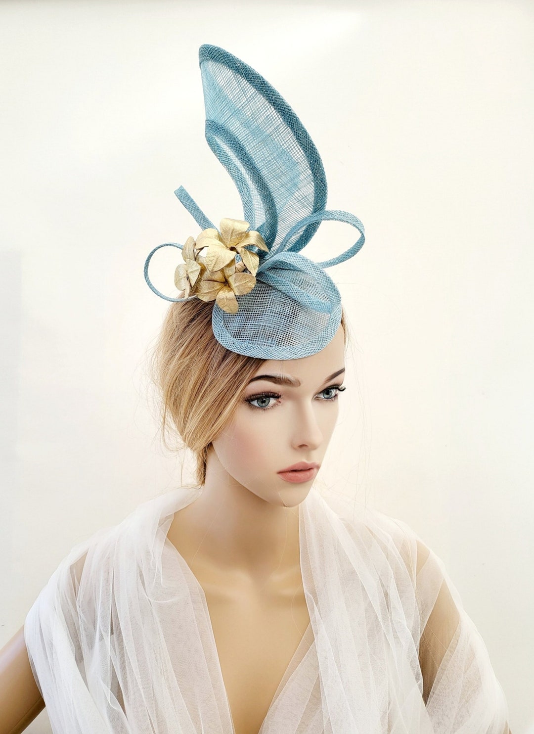 Baby Blue Fascinator Hatinator Gold Leather Leaf Percher Hat - Etsy