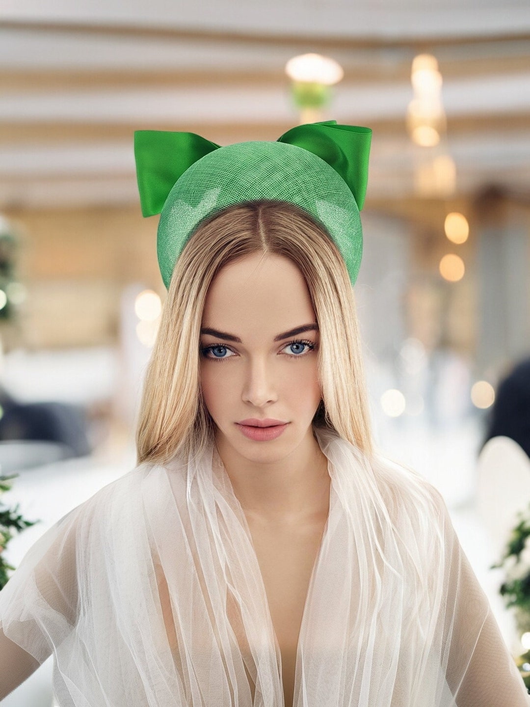 Green Satin Back Bow Headband Fascinator, on a Sinamay Halo Base, With ...