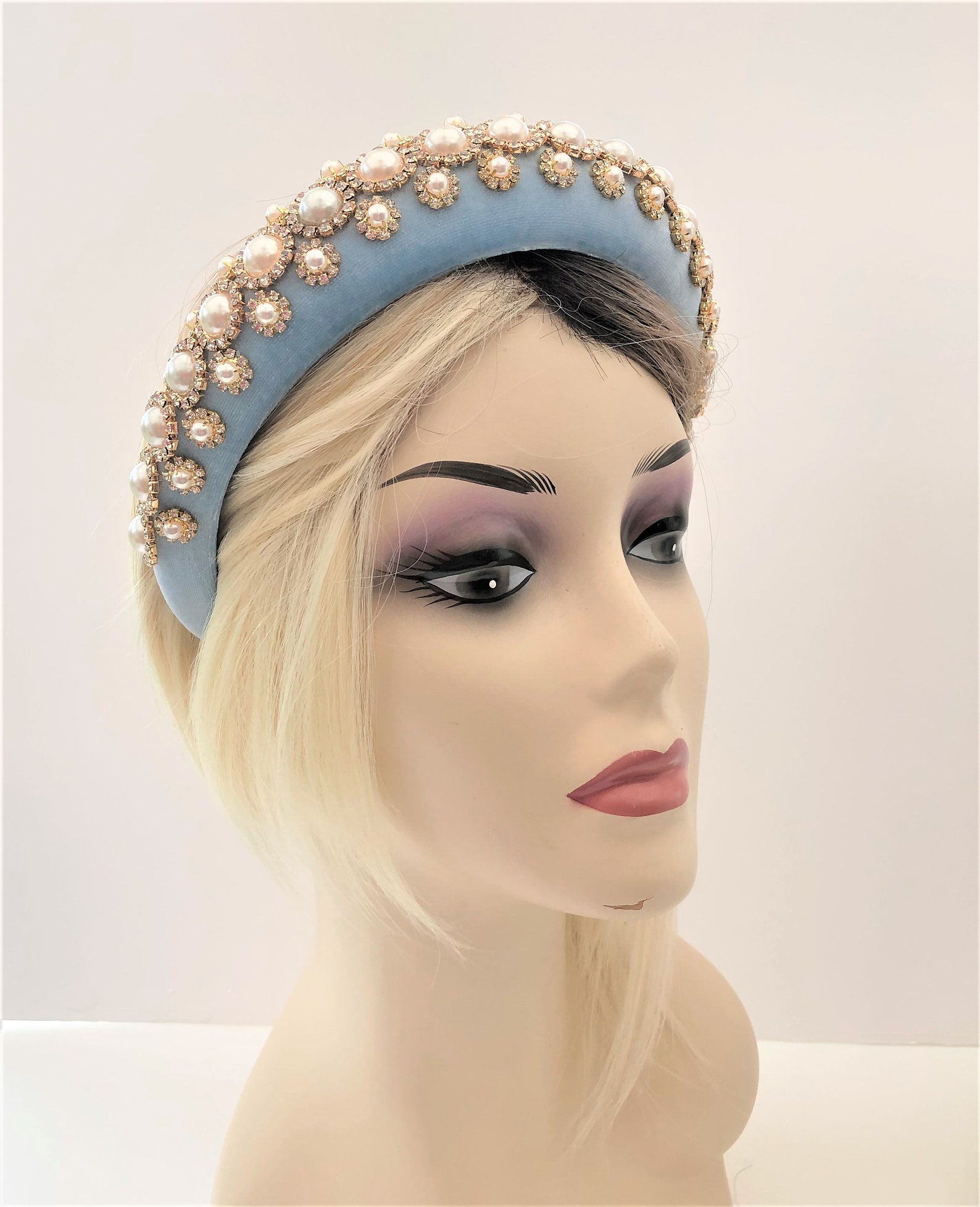 Powder Blue Padded Velvet Headband With Rose Gold Diamante And Etsy