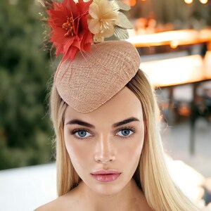 Peach Teardrop Percher Hat Fascinator, With Bow and Veiling, Races ...