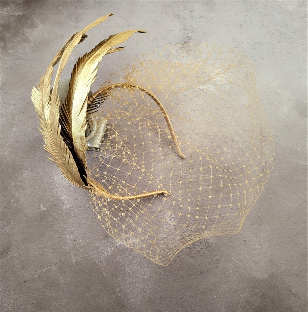 Gold Feather Design Fascinator, Leather Headpiece,blusher Veil ...