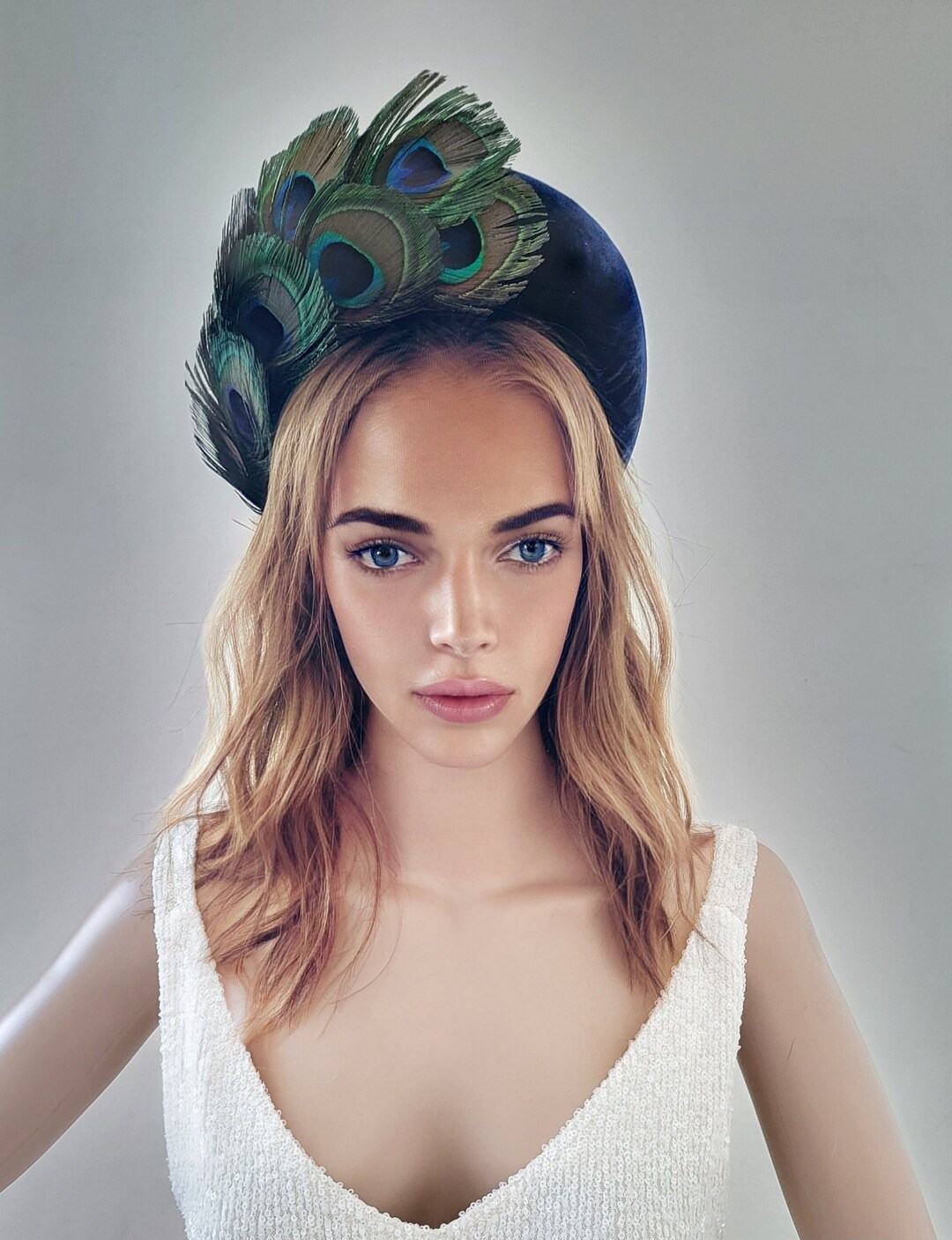Navy Blue Halo Headband Fascinator, Peacock Feather Headpiece, 8 Cms ...