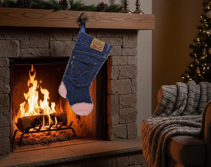 Recycled Denim Christmas Stocking, Handmade Jean Pocket Decor - Etsy