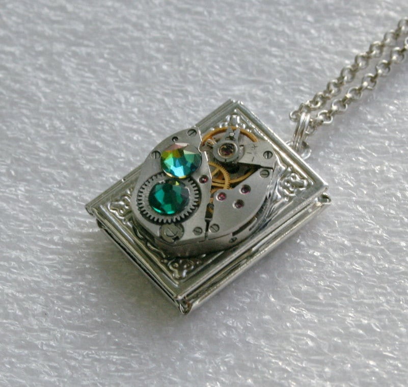 Steampunk Book Pendant / Locket / Necklace With Crystals - Etsy