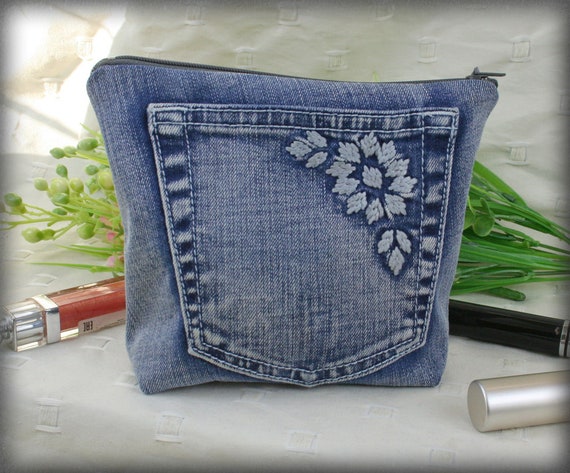 Denim Zipper Pouch // Makeup Bag // Boho Pouch Made From | Etsy