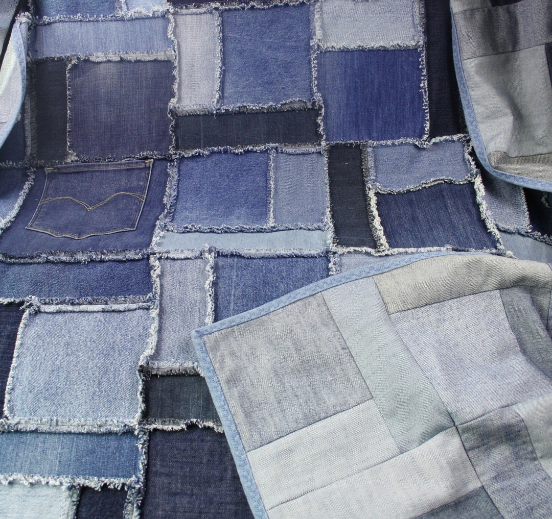 Denim Patchwork Rag Quilt Made From Upcycled Jeans , Denim Picnic or ...