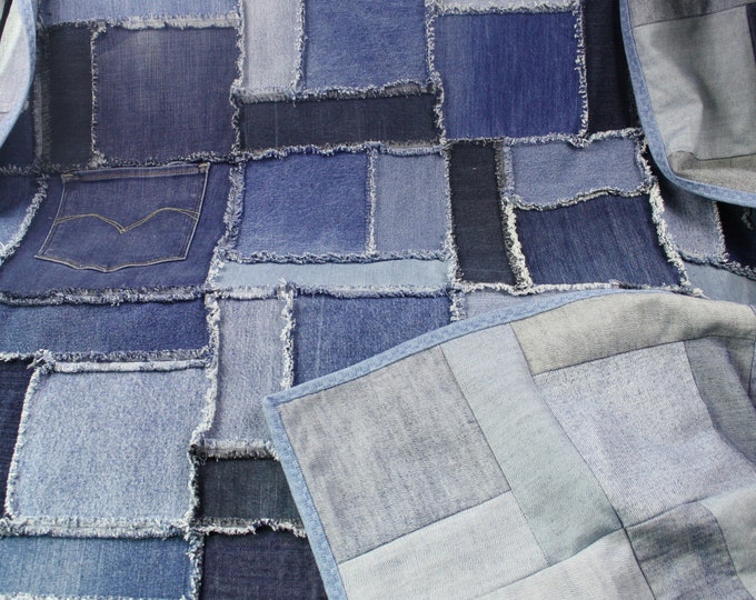 Blue Denim Tote With Art Patchwork, Many Pockets Handbag, OOAK Blue ...