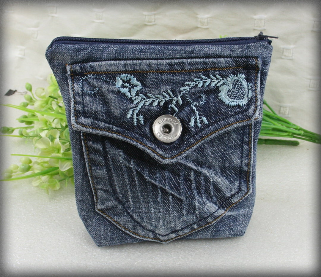 Upcycled Denim Zipper Pouch, Embroidered Boho Cosmetic Bag - Etsy