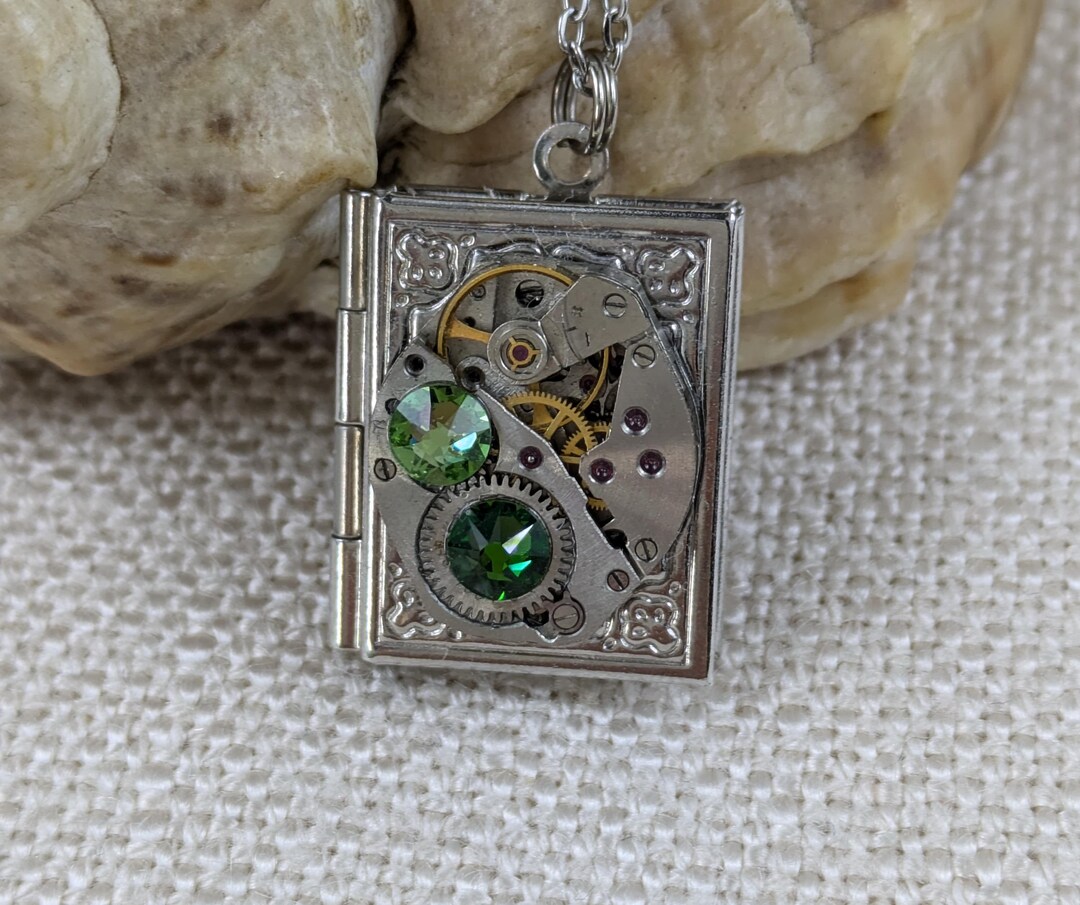 Steampunk Book Locket Necklace, Mechanical Watch Movement, Crystal ...
