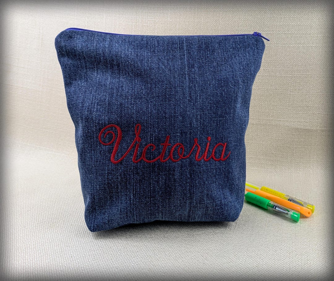 Personalized Embroidered Denim Zipper Pouch, Upcycled Jeans Makeup Bag ...