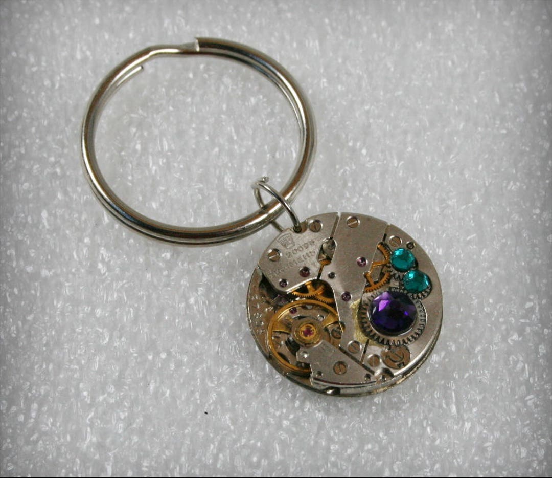 Watch Movement Steampunk Keychain With Crystals , Steampunk Keychain ...