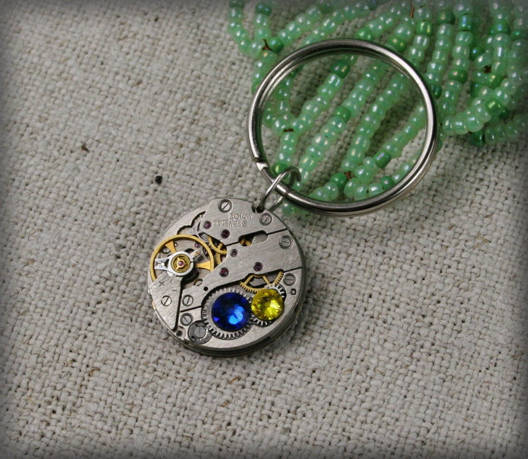 Watch Movement Steampunk Keyring With Crystals , Steampunk Keychain ...