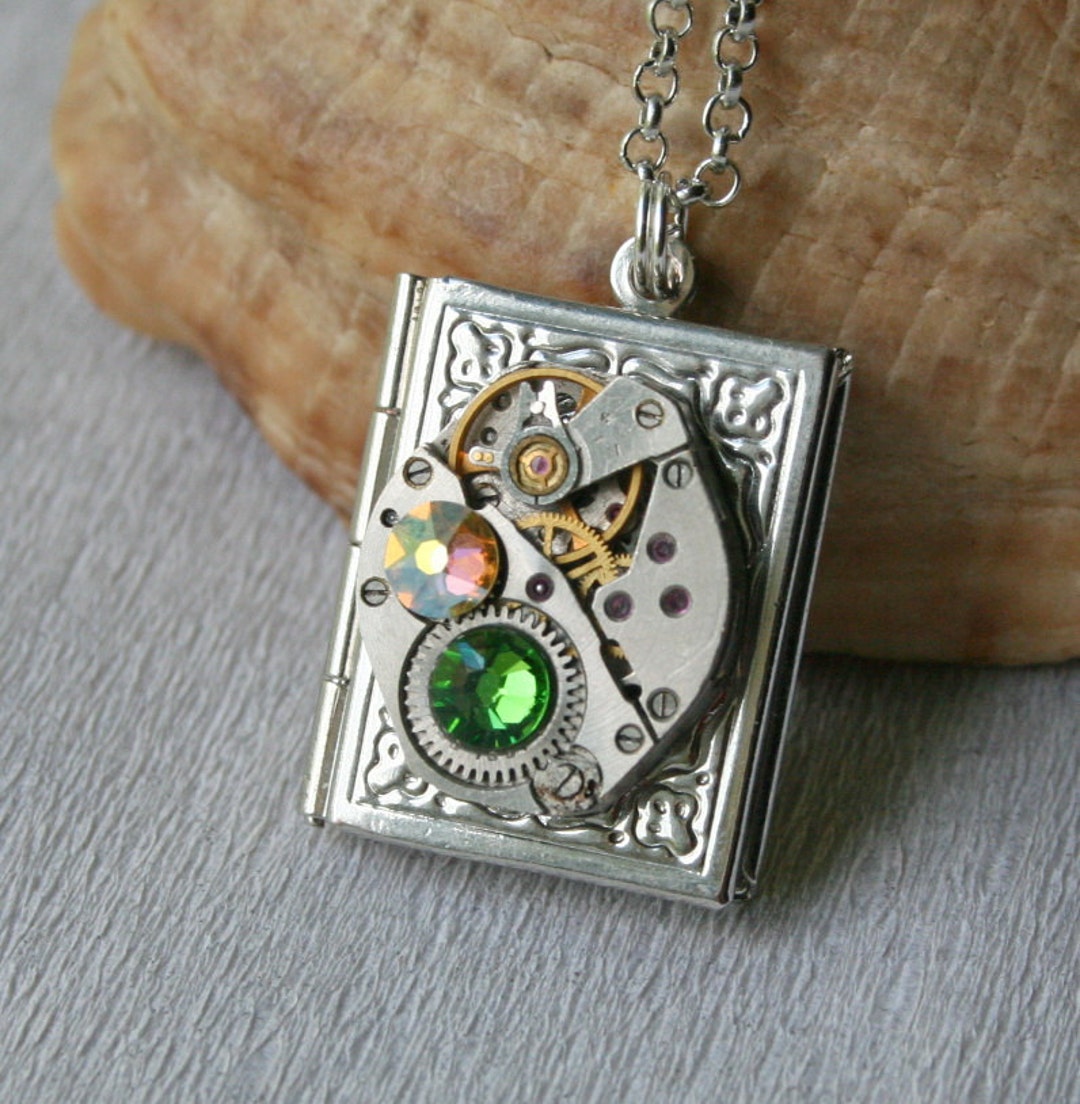 Steampunk Book Locket Necklace, Mechanical Watch Movement, Crystal ...