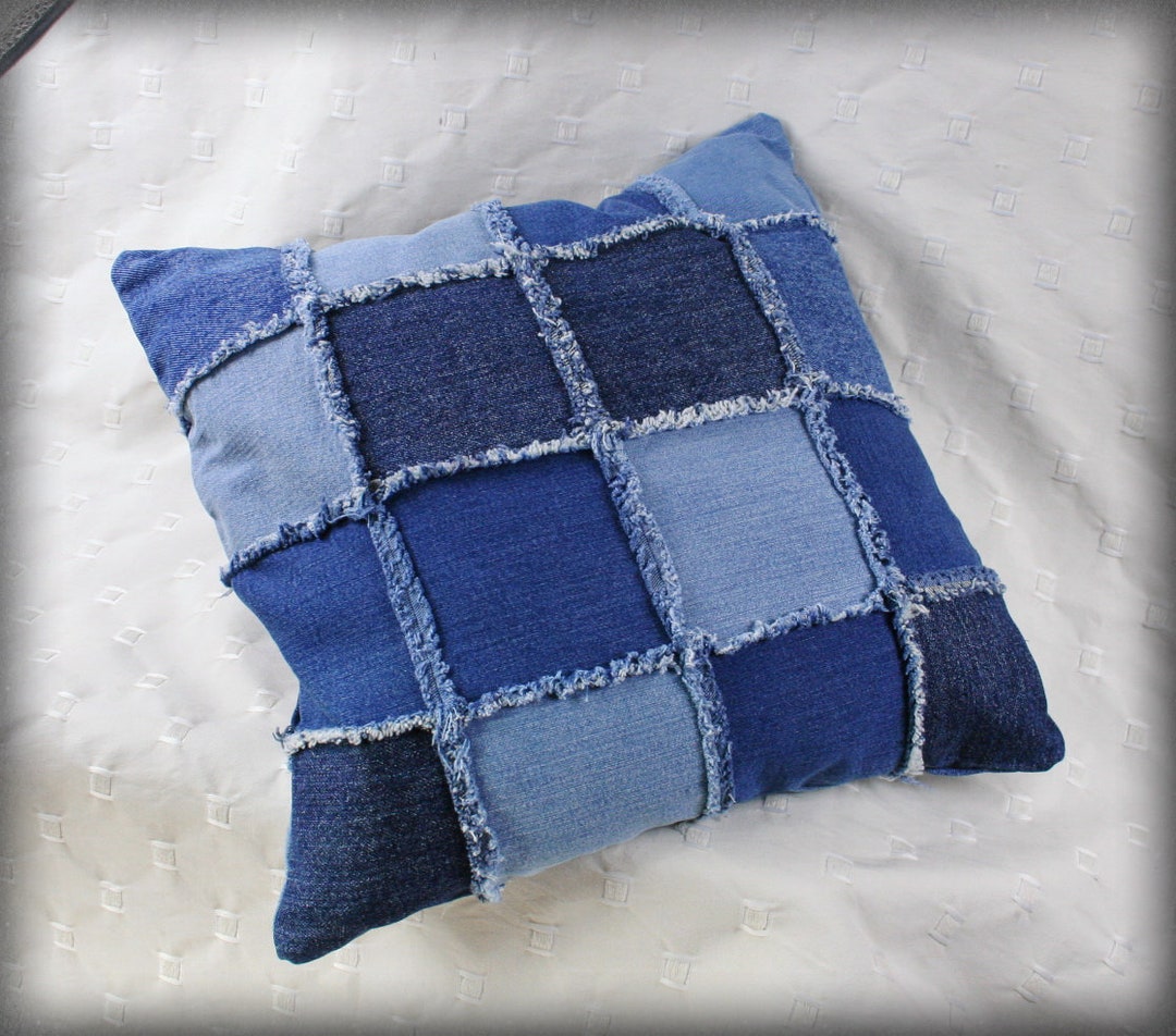 Denim Patchwork Throw Pillow Made From Upcycled Jeans - Etsy