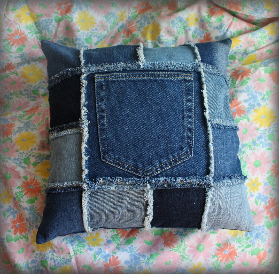Denim Patchwork Pillowcase Made From Upcycled Jeans , Decorative ...
