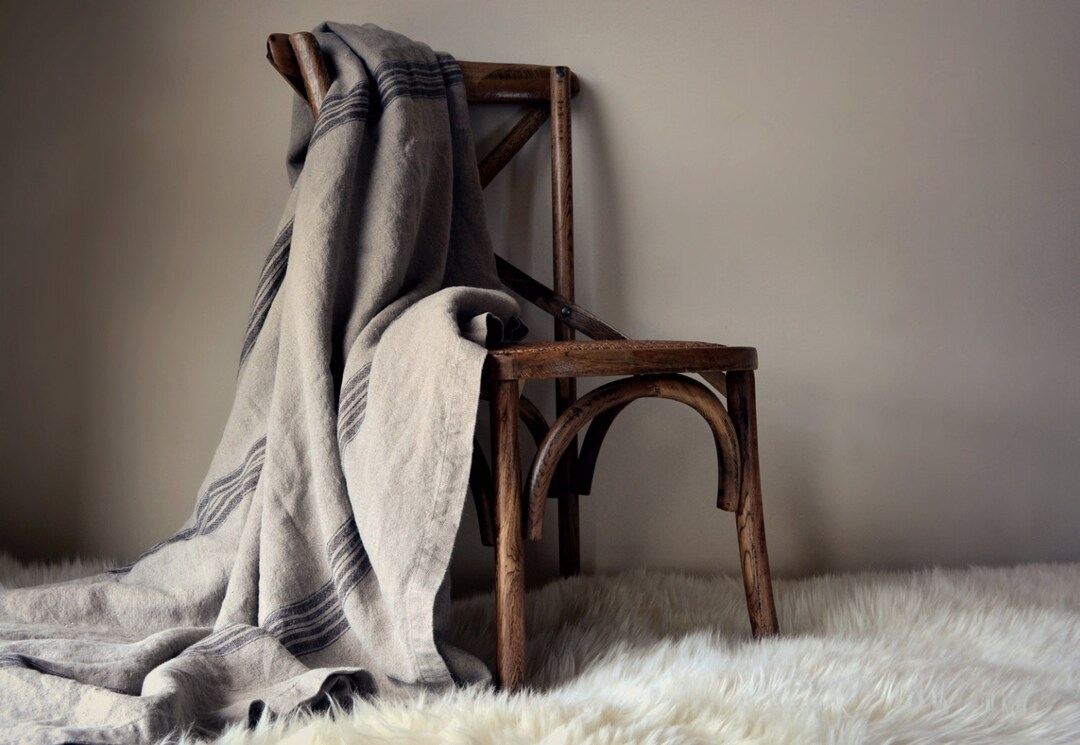 Linen Bed Cover in Vintage Black Stripe Grainsack. Coverlet/ Summer ...
