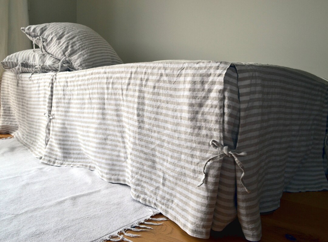 Rustic Pinstripe Heavyweight Natural Linen Bedskirt bed Valance dust ...