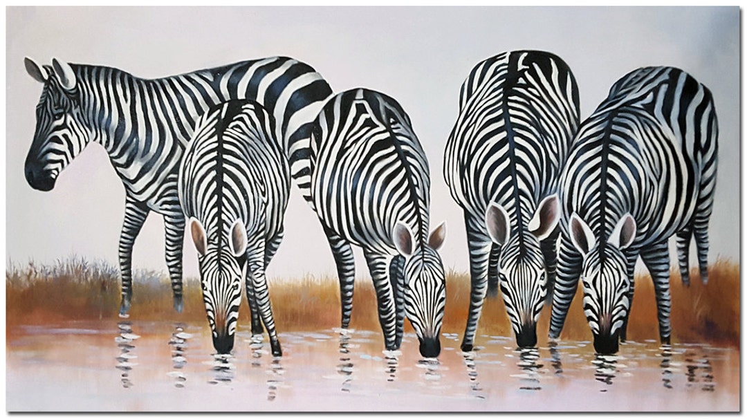 Herd of Zebras - Hand Painted Zebra Oil Painting on Canvas Animal Fine ...
