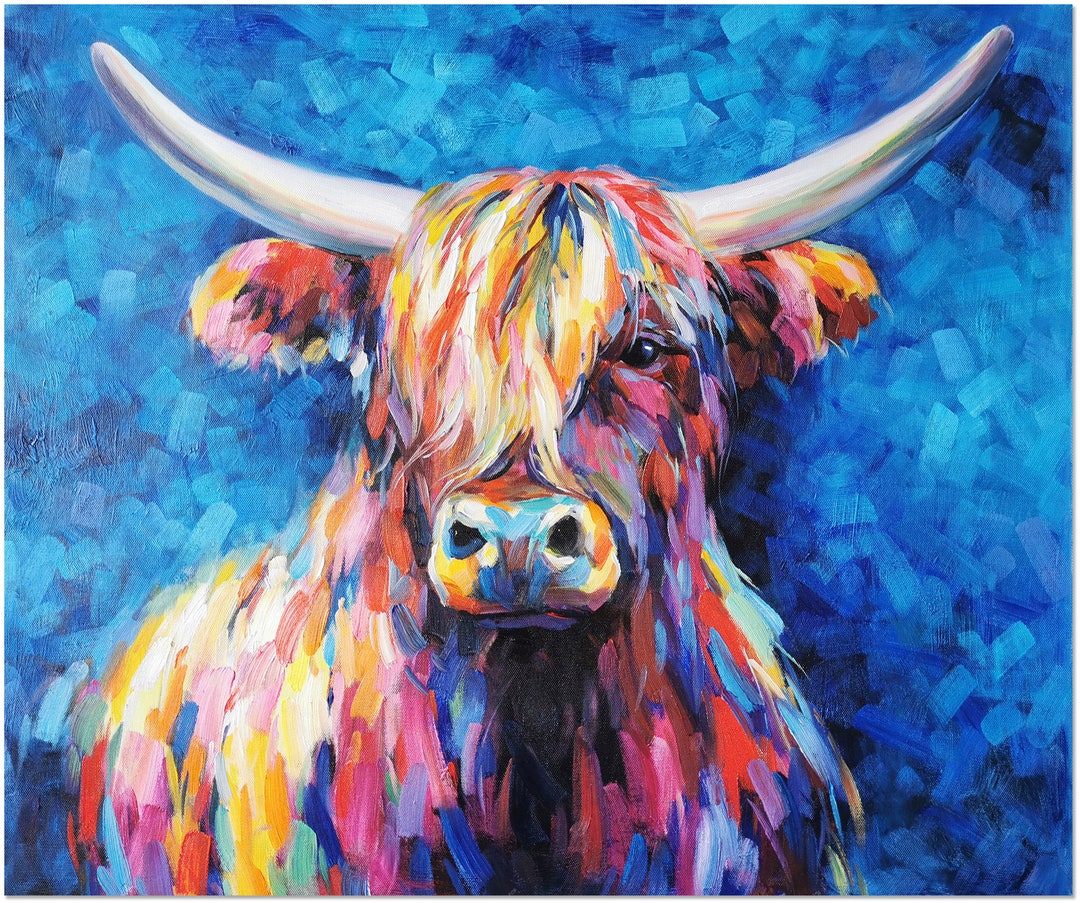 Hand Painted Modern Impressionist Colorful Cow Oil Painting on Canvas ...