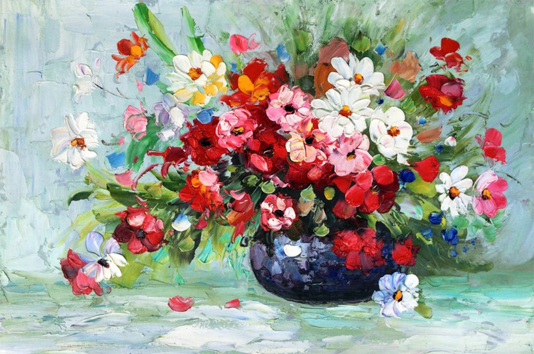 Vase of Colorful Flowers - Hand Painted Impressionist Flower Painting ...