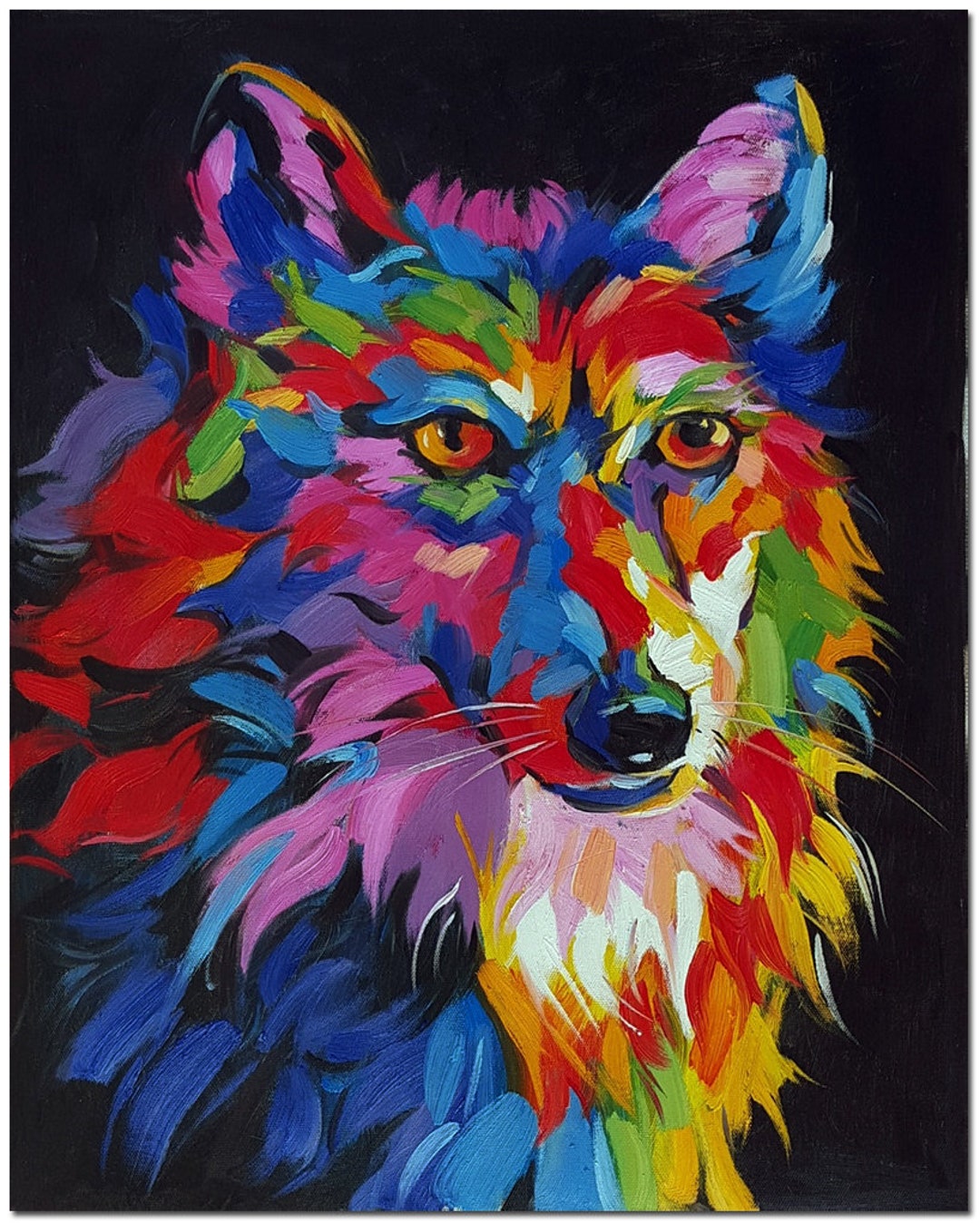 Hand Painted Colorful Impressionist Wolf Oil Painting on Canvas ...