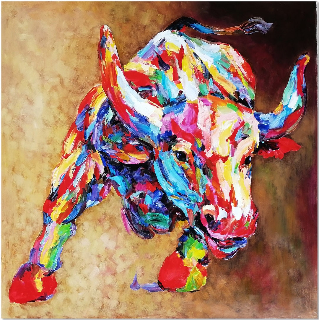 Original Hand Painted Modern Impressionist Bull Oil Painting on Canvas ...