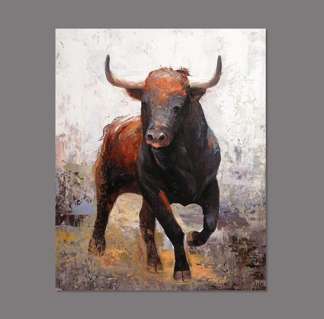 Handmade Charging Bull Oil Painting on Canvas - Contemporary Animal Art ...