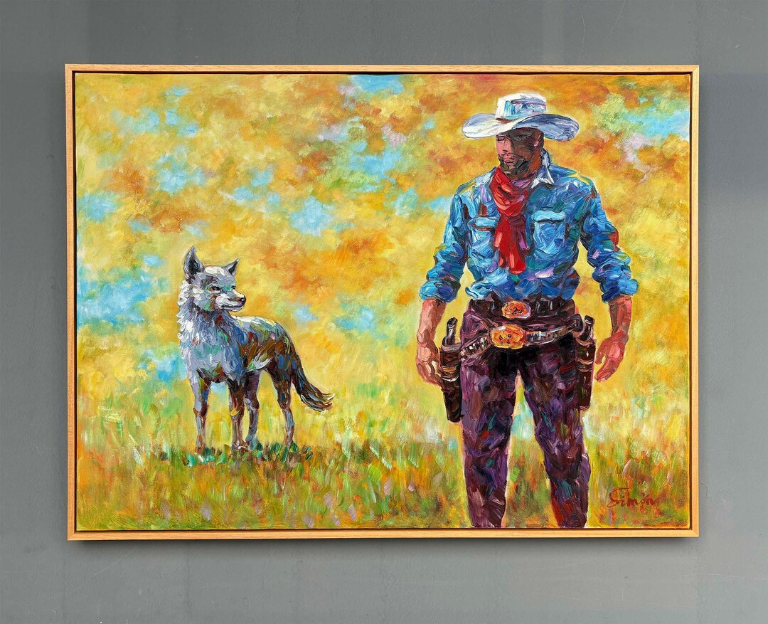 Framed Cowboy and Coyote Painting, Original Hand-painted Palette Knife ...