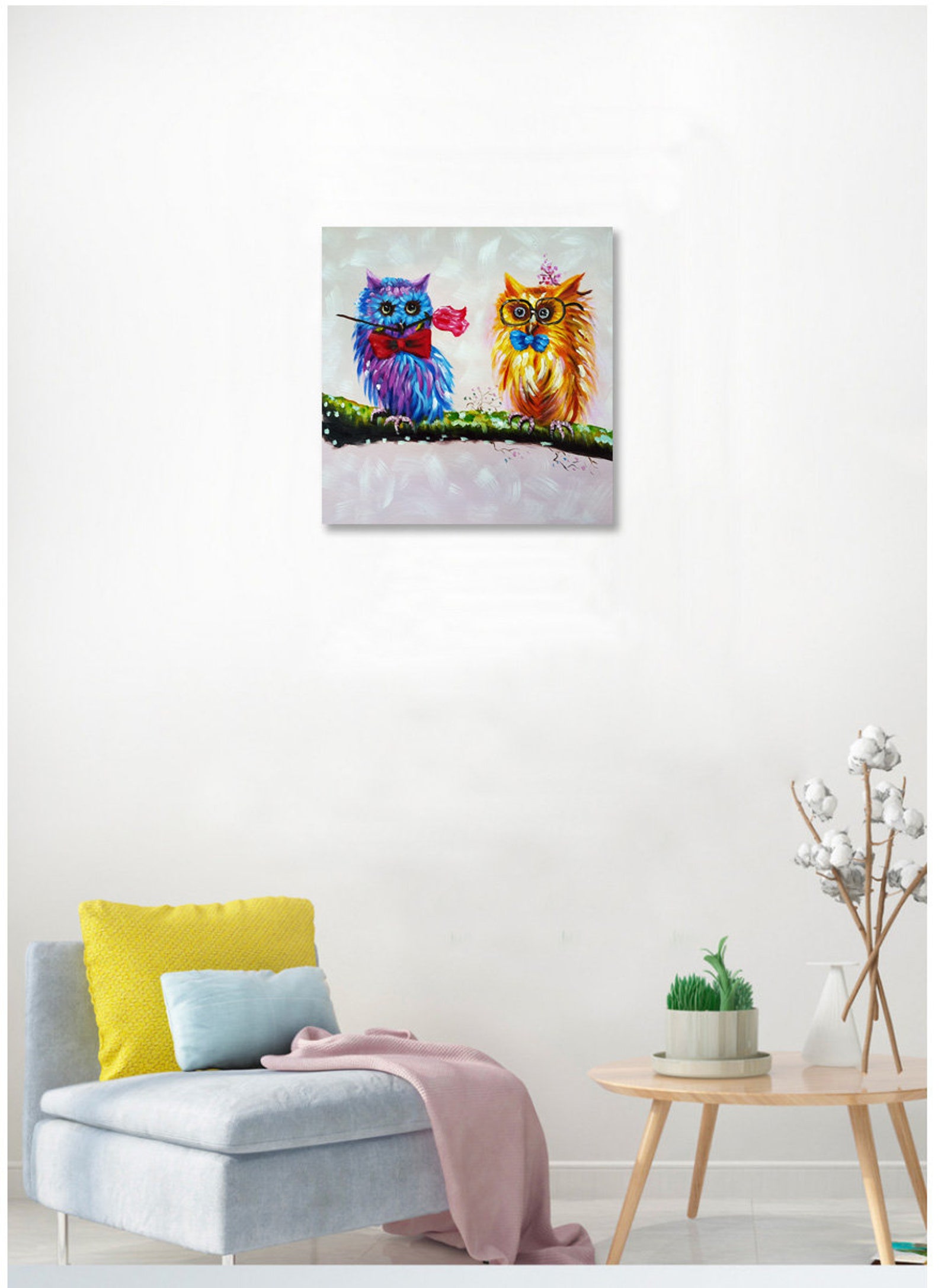 Handmade Owl Oil Painting on Canvas - Multi-colored Bird Art ...