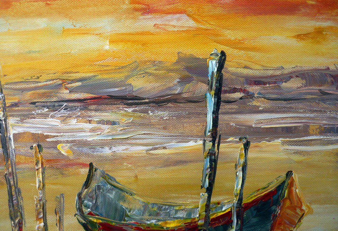 Row Boat at Sunset Hand Painted Modern Modern Impressionist - Etsy