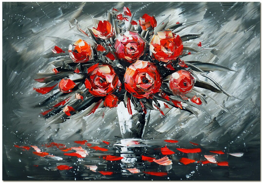 Vase of Roses - Handmade Modern Impressionist Flower Painting on Canvas ...