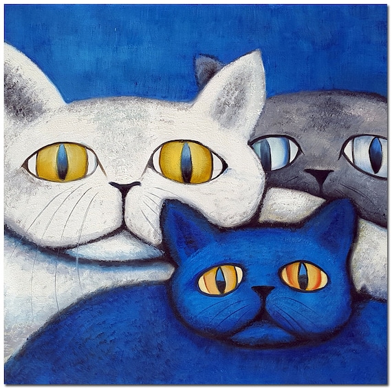 Hand Painted Cartoon Cat Oil Painting on Canvas | Etsy