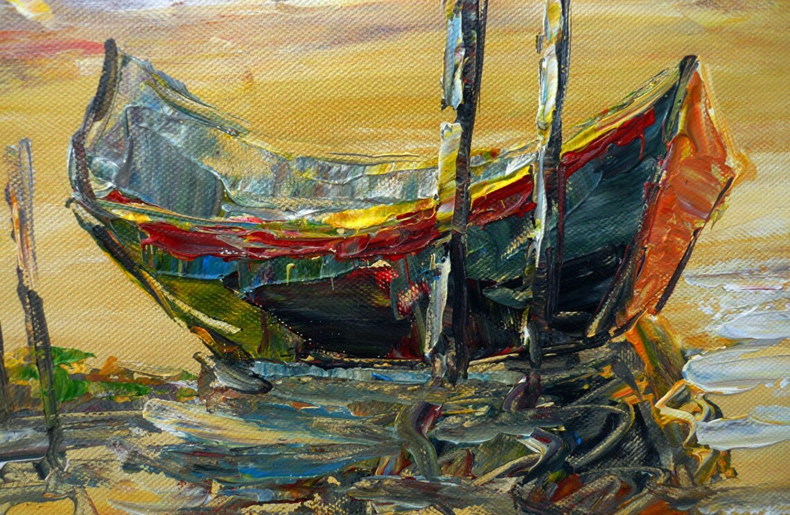 Row Boat at Sunset Hand Painted Modern Modern Impressionist - Etsy