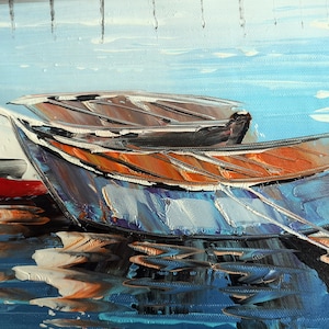 Row Boats Hand Painted Modern Impressionist Riverside Lanscape Boat Oil ...