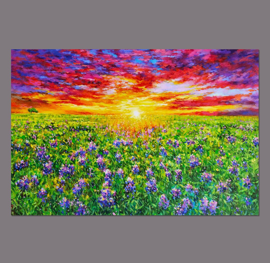 Bluebonnet Field - Handmade Impressonist Sunset Landscape Flower Oil ...