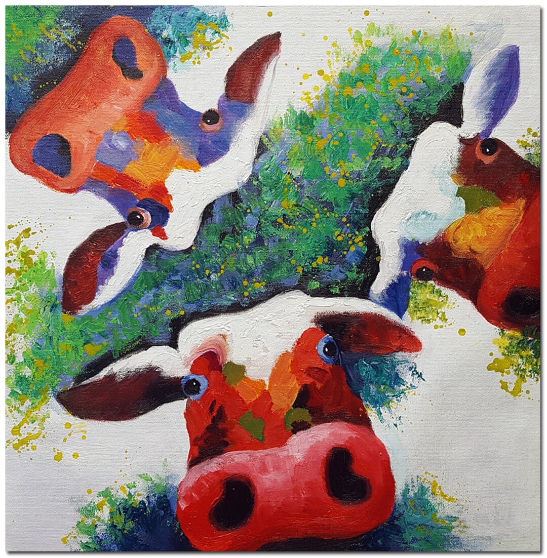 Three Cows With Grass - Hand Painted Modern Impressionist Cow Oil ...