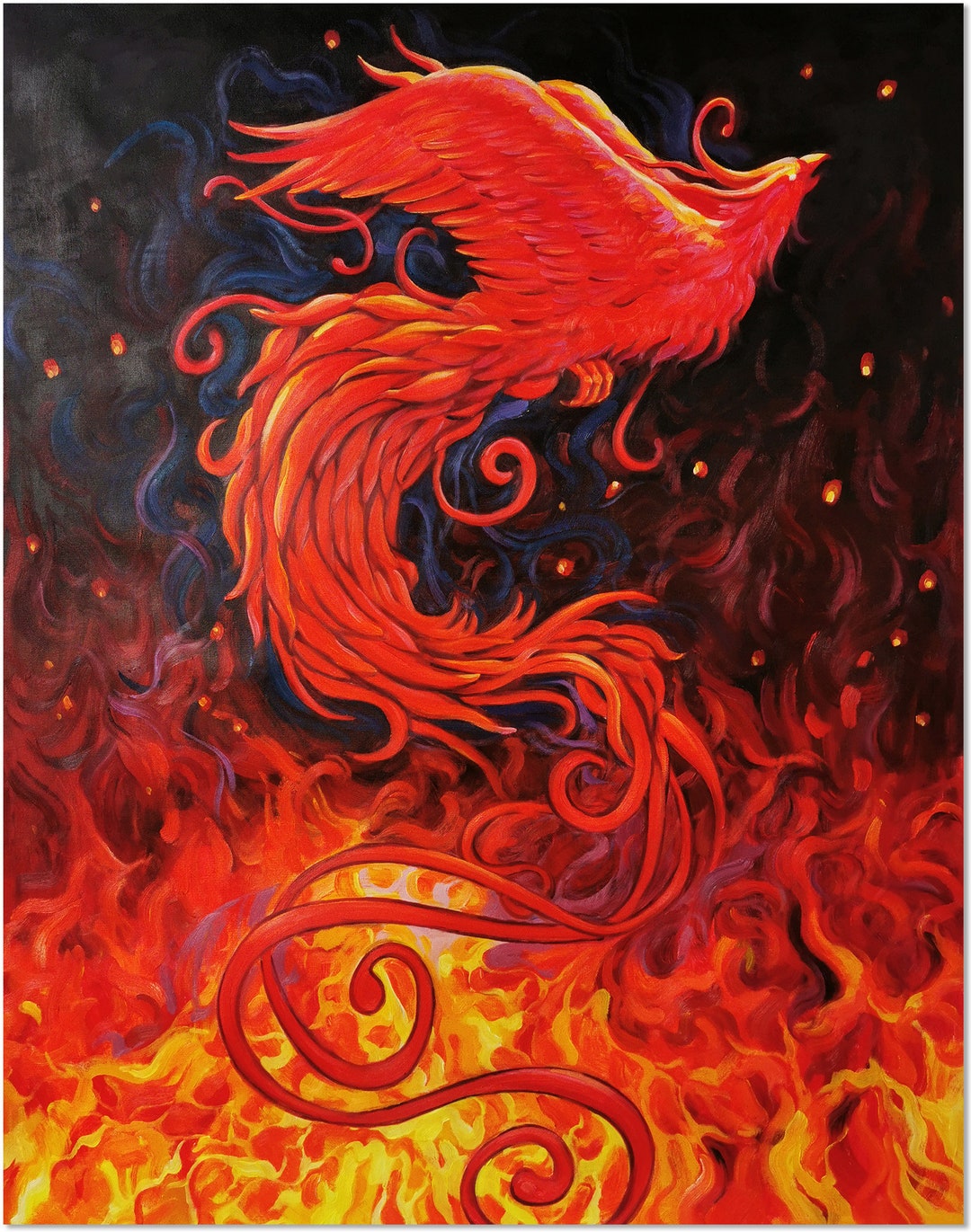 Original Hand Painted Modern Impressionist Fire Phoenix Oil Painting on ...