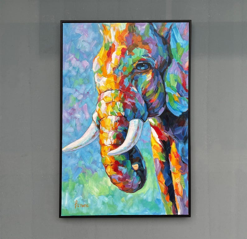Framed Elephant Painting, Original Hand-painted Impressionism Wildlife ...