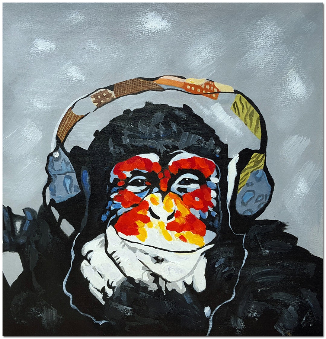Colorful Abstract Chimp With Headphones - Handmade Animal Painting on ...