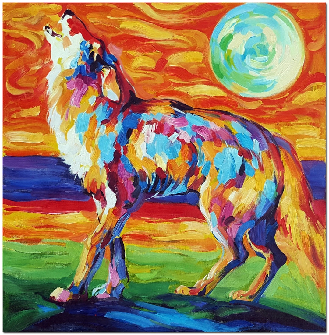 Night Musician - Hand Painted Modern Colorful Impressionist Wolf Oil ...