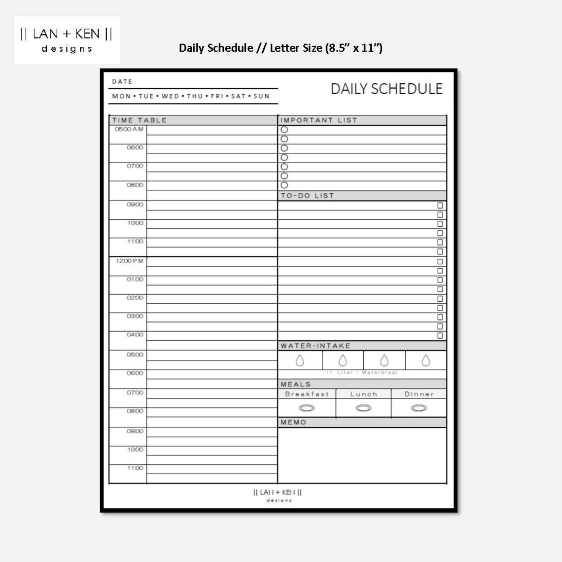 Daily Schedule | Important List, To-do List, Water In-take, Meals, Memo ...