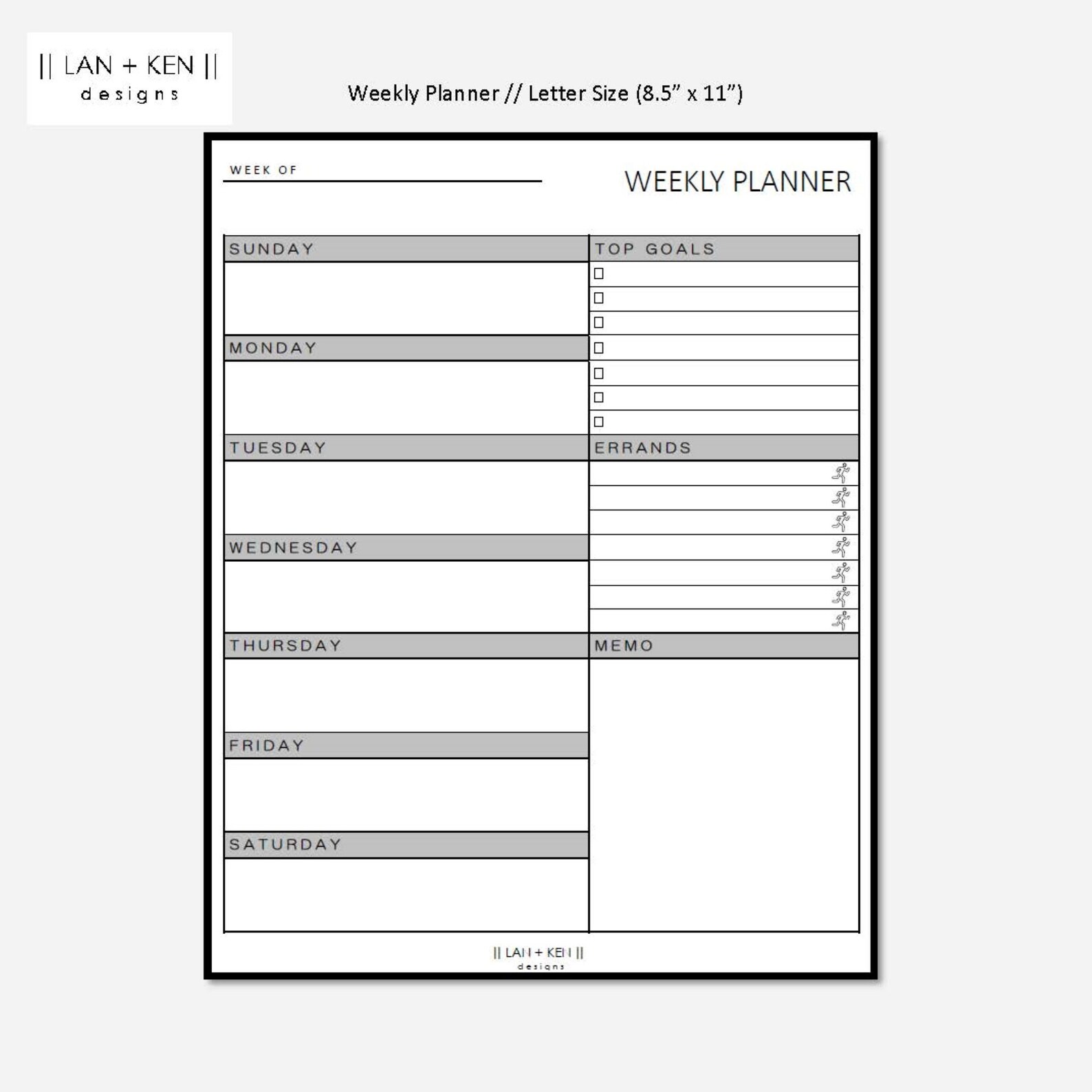 Weekly Planner Top Goals, Errands, Memo Digital PDF Letter Size - Etsy