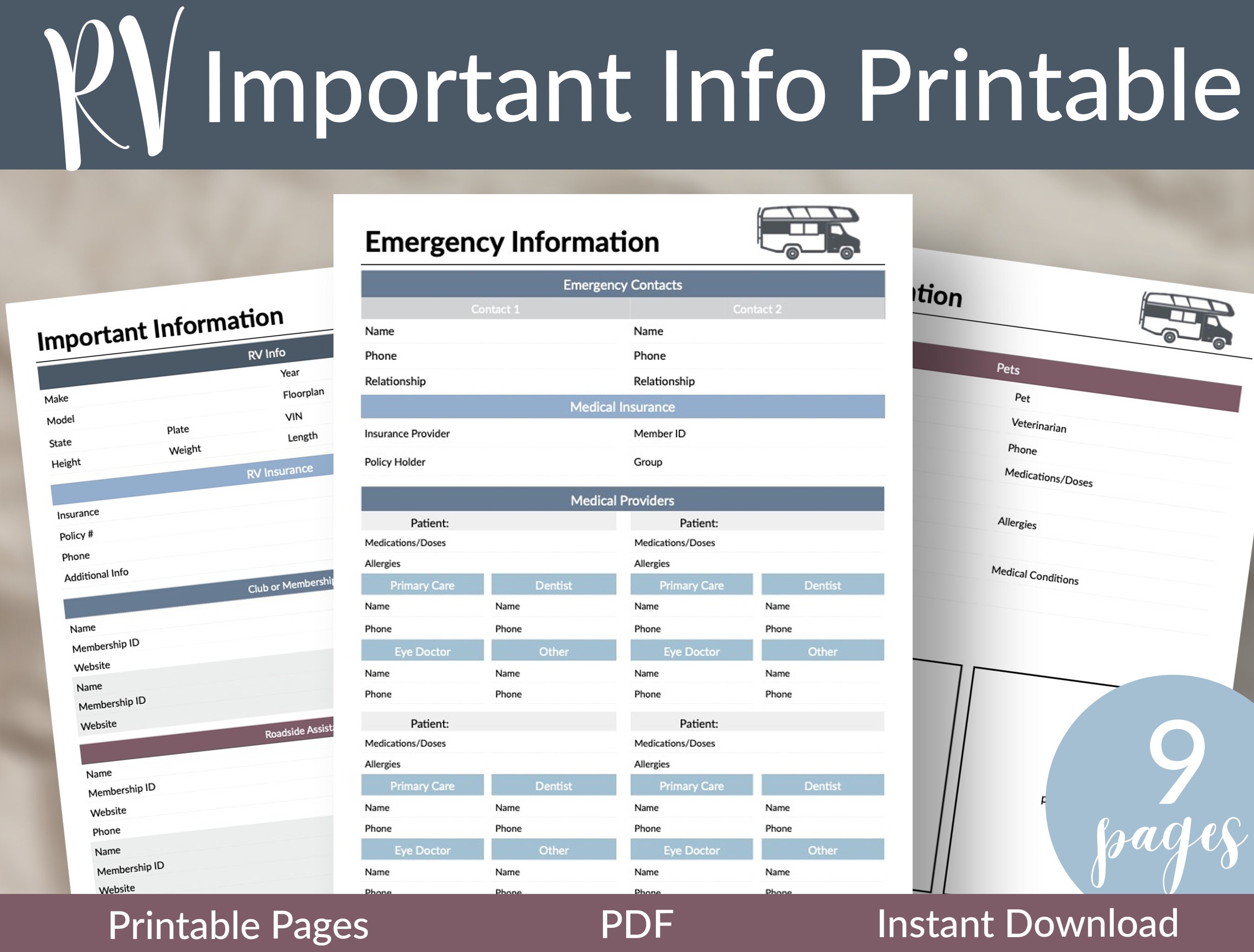 RV Printable Info Tracker | RV Printable Planner | Camping Planner | RV ...